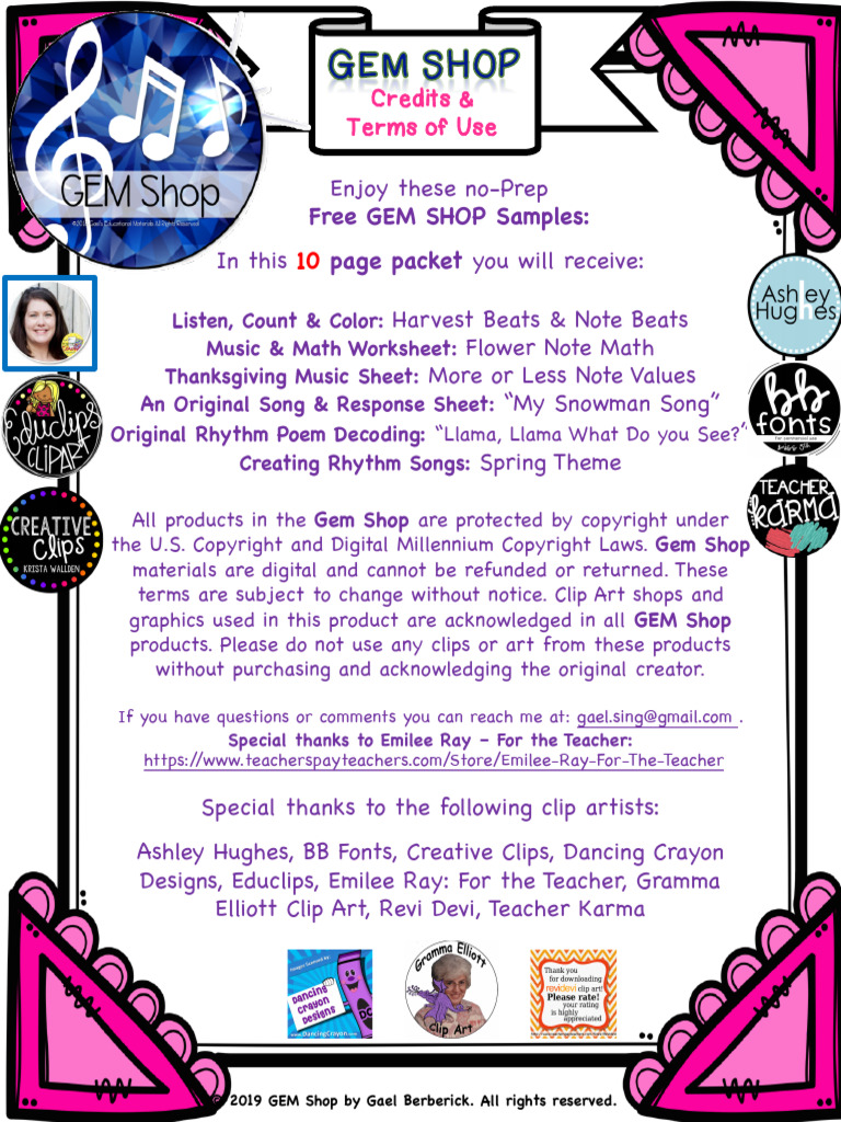 Free GEM SHOP Samples: Page Packet: Credits & Terms of Use | PDF | The Arts