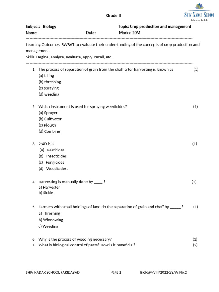 Crop Production Practice Worksheet 2022-23 | PDF | Agriculture