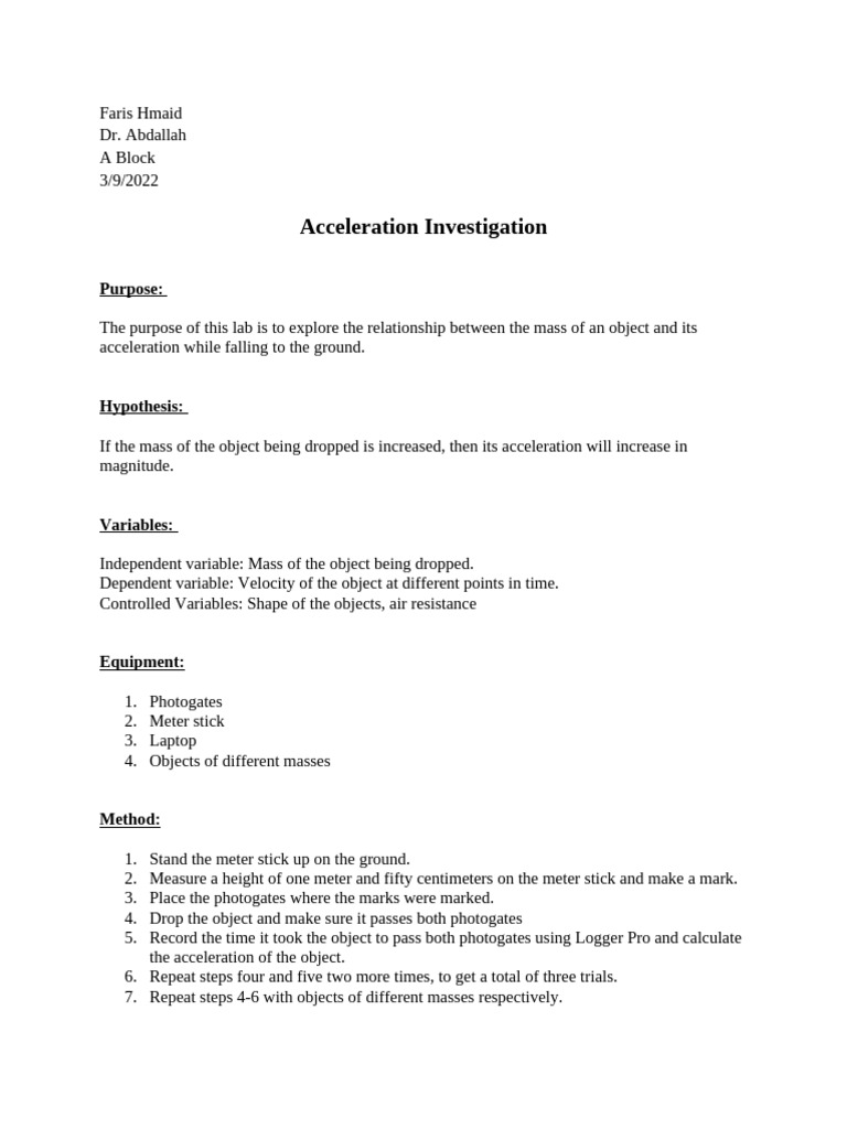 Acceleration Investigation Physics 1 | PDF