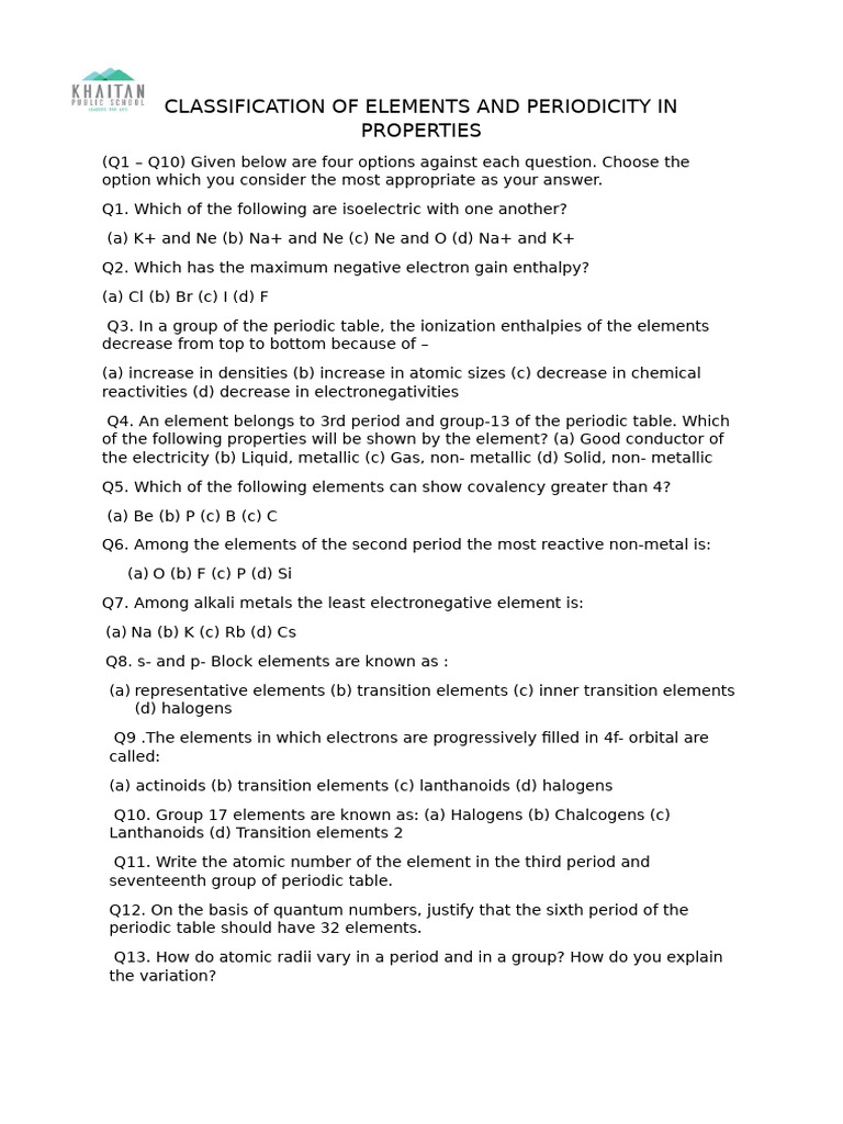Classification of Elements and Periodicity in Properties Assignment ...