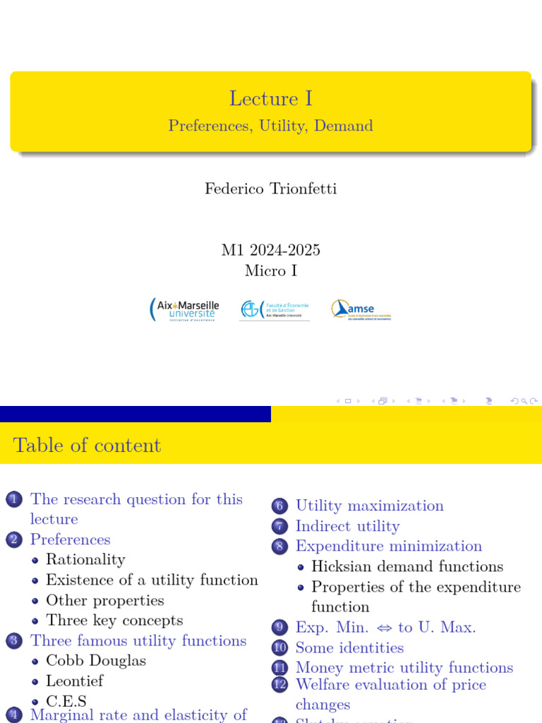 M1 - Micro 1 - Lecture 1 | PDF | Utility | Demand