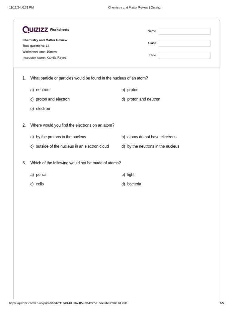 Chemistry Review Worksheet | PDF | Atoms | Chemical Elements