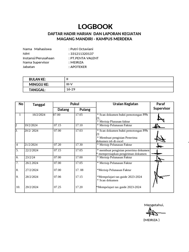 FORM 3 - LOGBOOK Magang Mandiri Putri | PDF