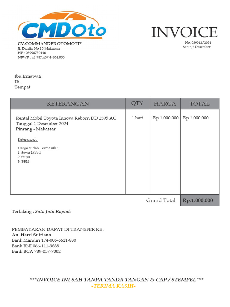 Invoice Innova Reborn QQ Ibu Irmawati 1 Des 2024 | PDF