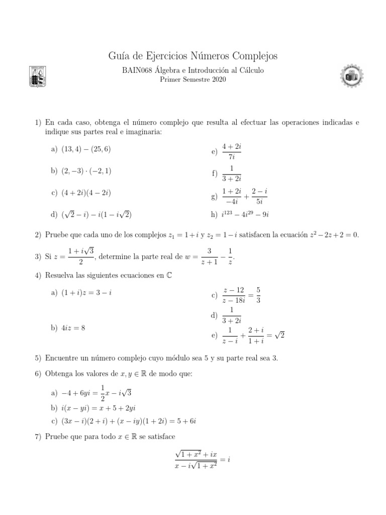 Guía de Ejercicios Números Complejos | PDF | Matemática Elemental ...