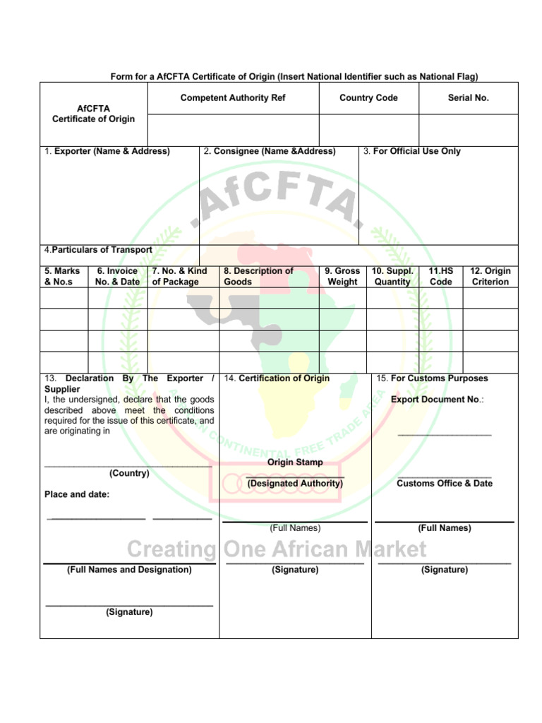 AfCFTA Certificate of Origin Form | PDF