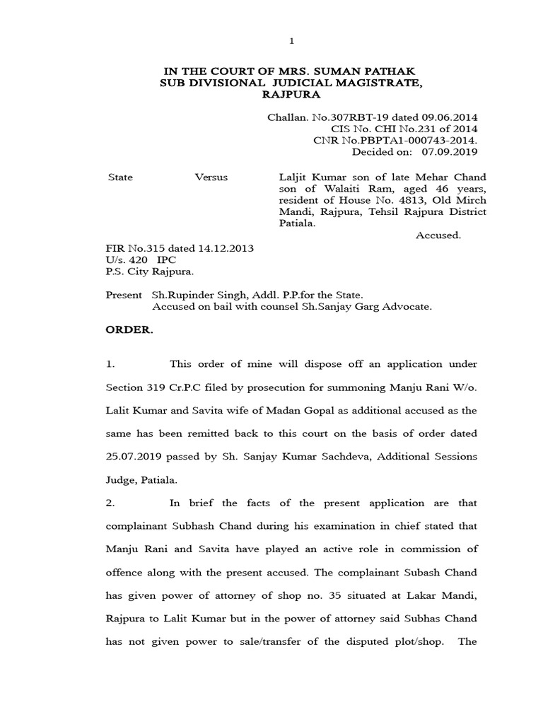 Suman Pathak 319 CRPC Reject Rajpura | PDF | Lawsuit | Magistrate