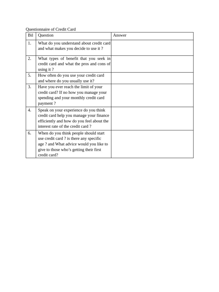 Credit Card Usage Questionnaire Insights | PDF