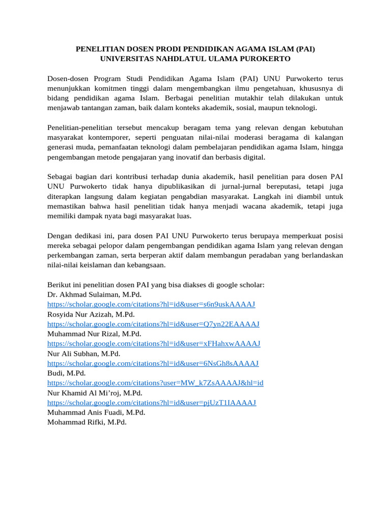 PENELITIAN DOSEN PRODI PENDIDIKAN AGAMA ISLAM UNU PWT | PDF