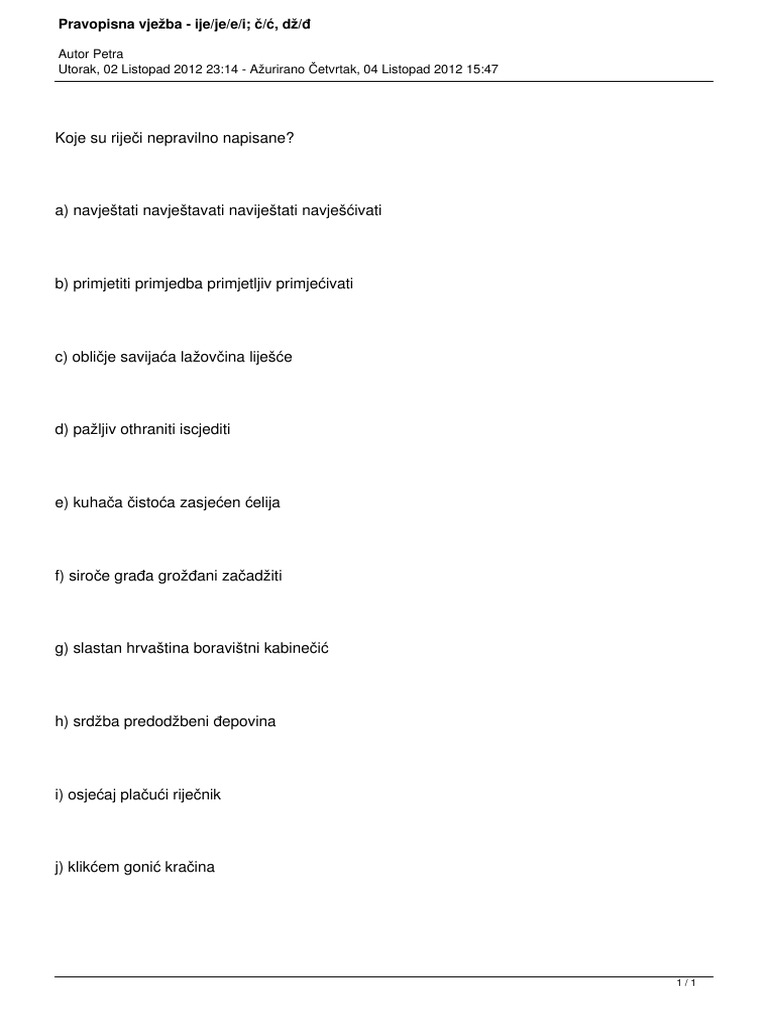 Pravopisna Vjezba Ijejeei D | PDF