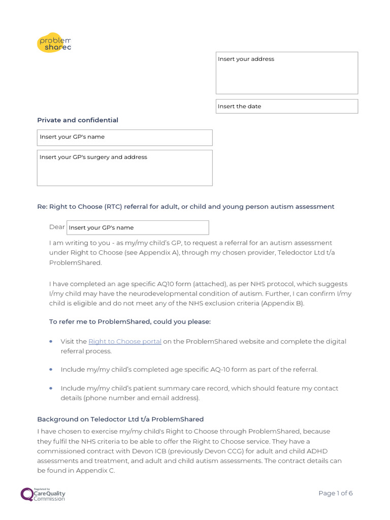 Autism Assessment Referral Request | PDF | Learning Disability | Mental ...
