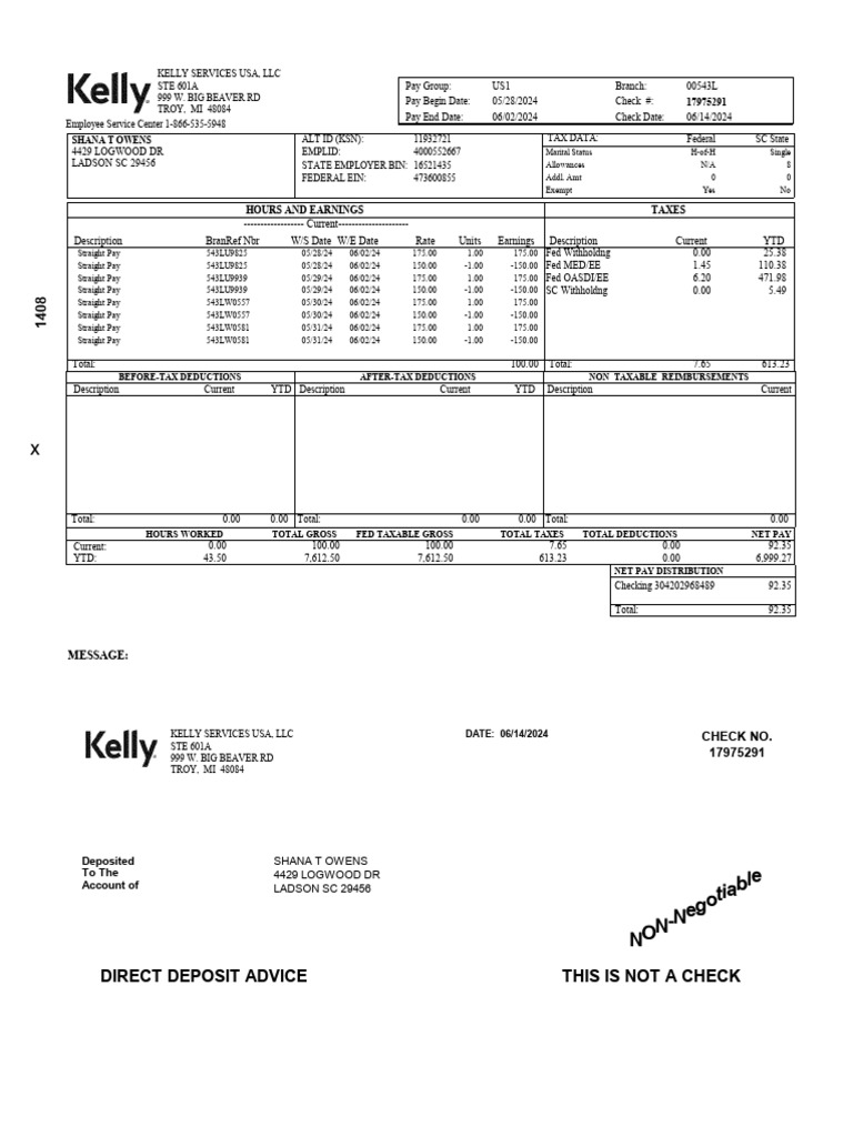 New Kelly Paystub 2 | PDF | Economy Of The United States | Taxes
