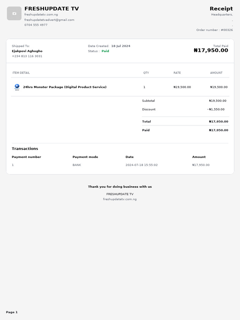 Ejakpovi Aghogho: 0704 555 4977 Headquarters,,, Order Number: #00326 | PDF