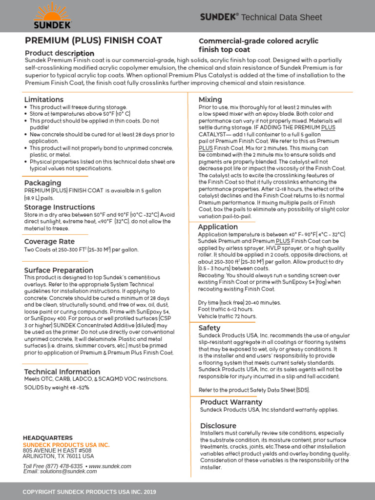 Sundek - Premium-Plus-Finish-Coat POOL | PDF | Concrete | Acrylic Paint