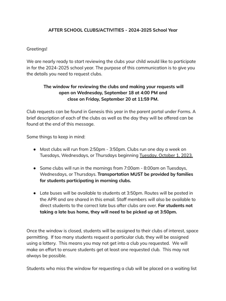Requesting After School Activities - Parent Information 2024-2025 | PDF