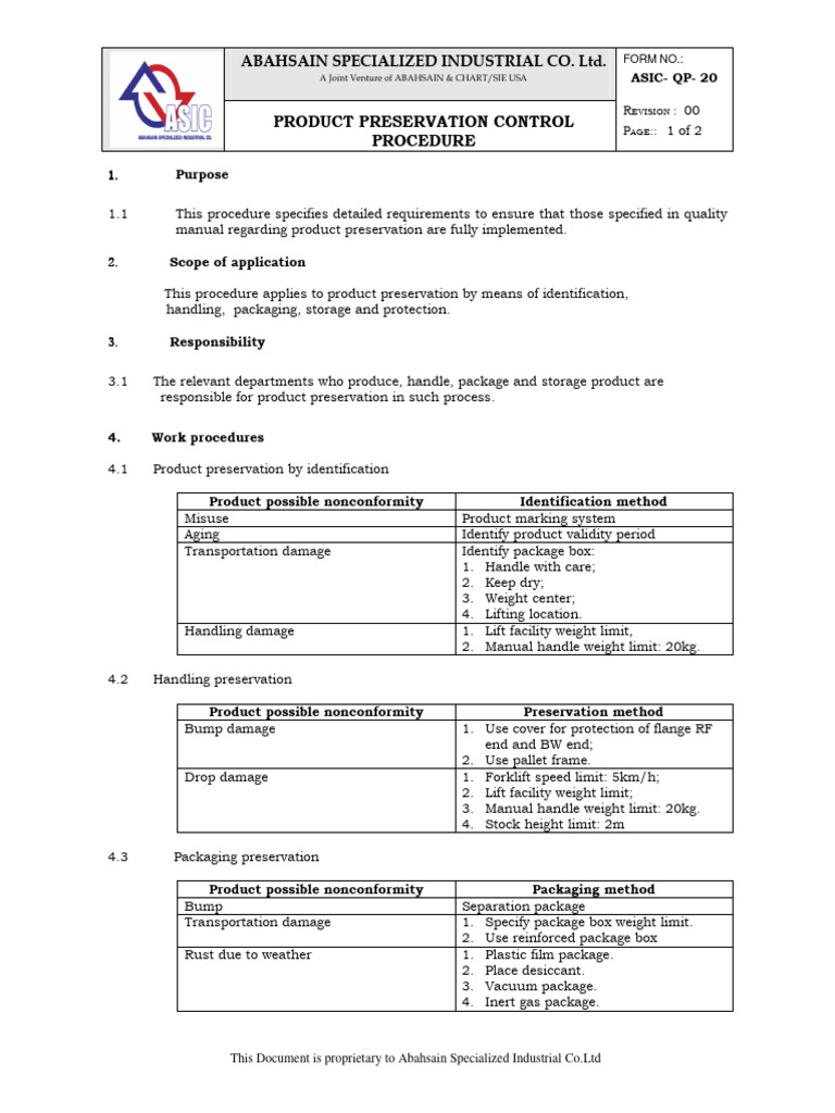 20-Product Preservation Control Procedure | PDF | Packaging And ...