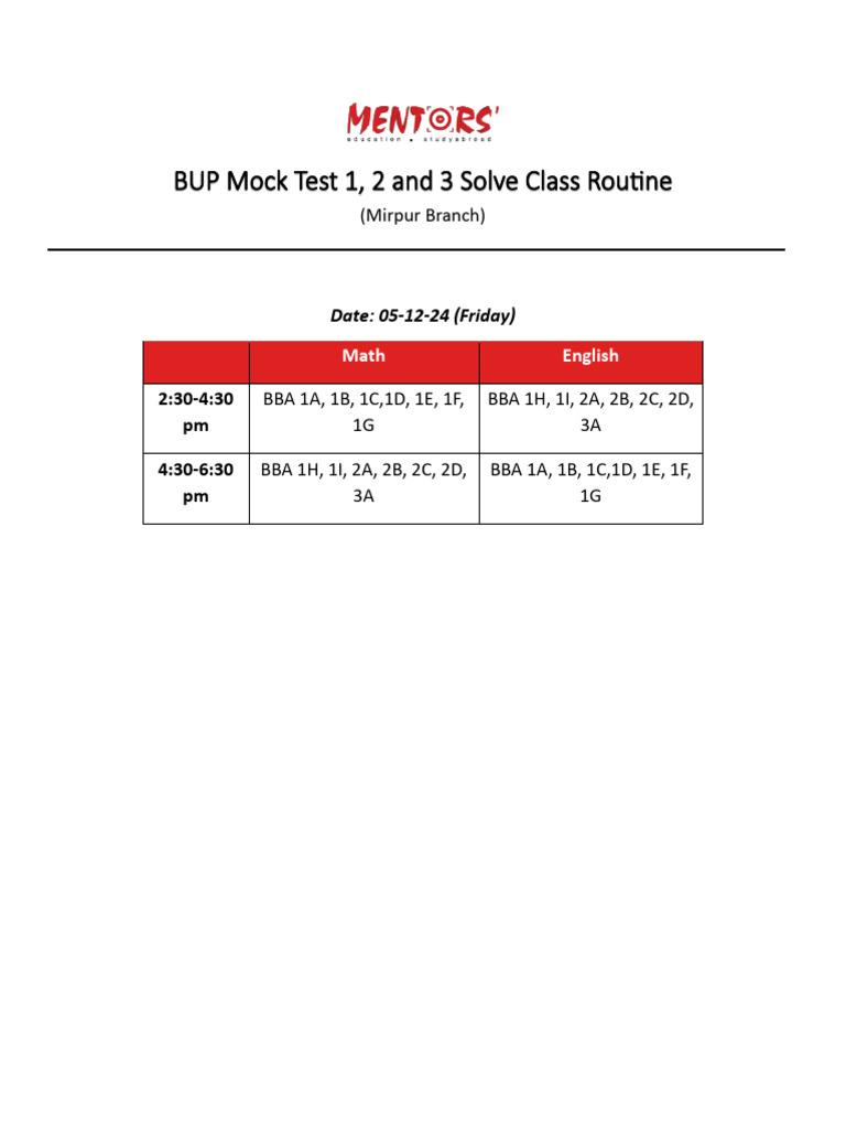BUP Mock Test Solves Schedule | PDF