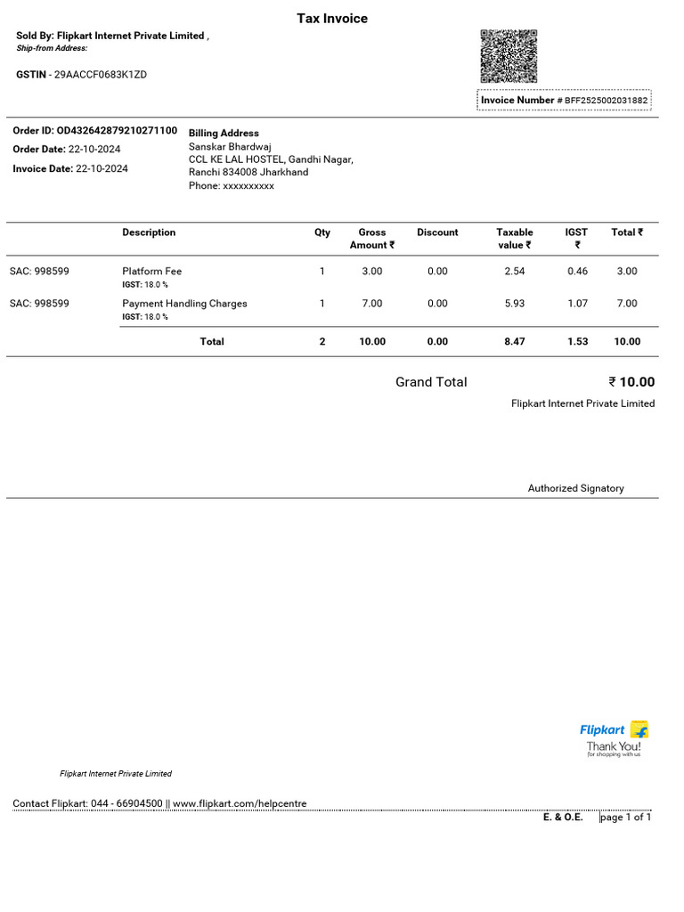 Flipkart Invoice for Wrist Watch Purchase | PDF | Taxes | Payments