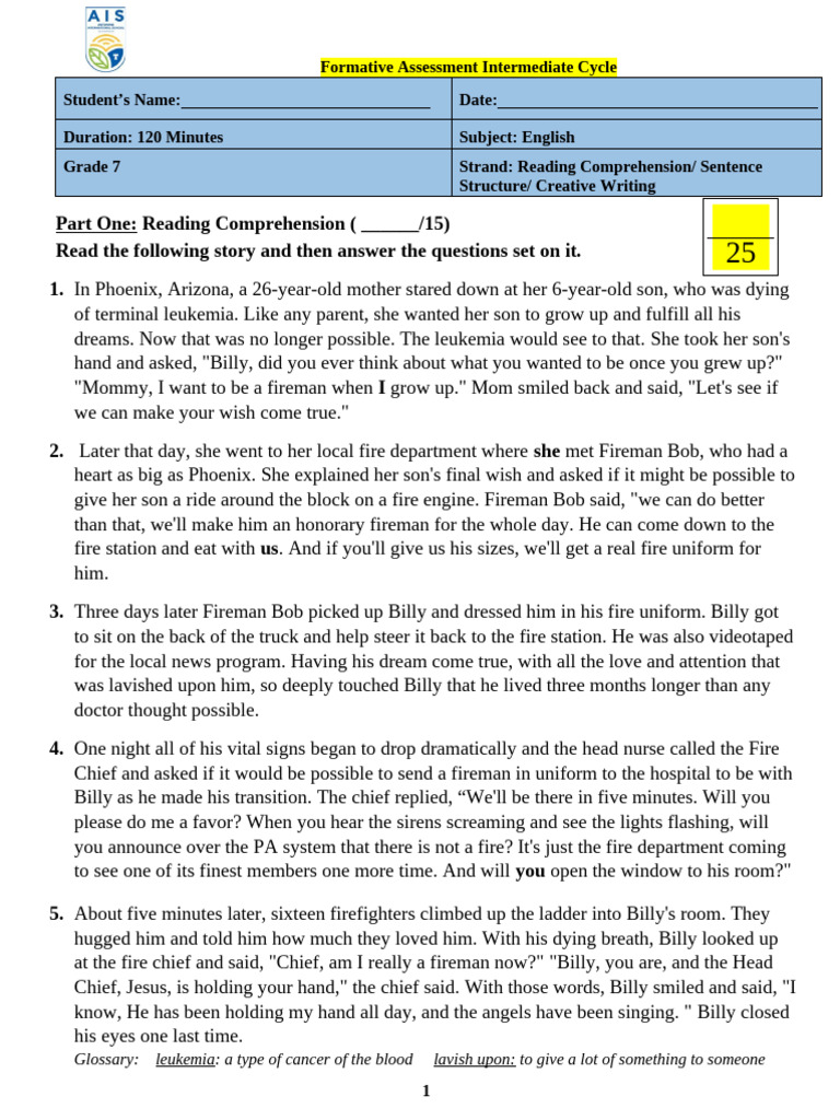 Gr 7 Entrance Test | PDF | Firefighter | Dream