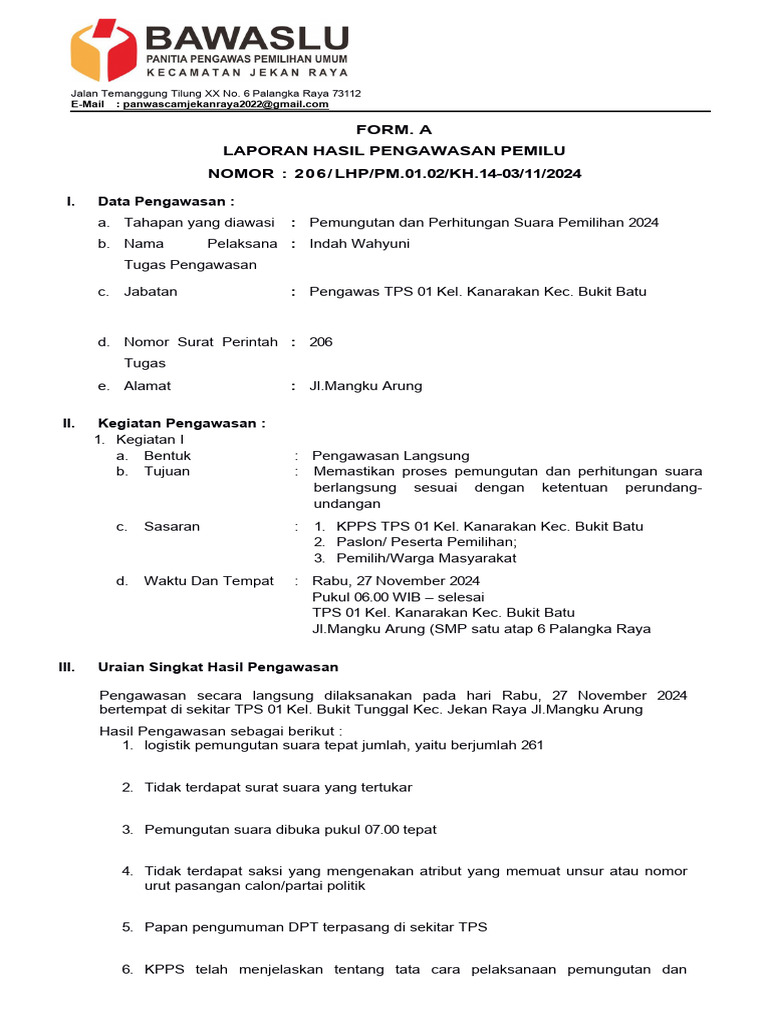 Laporan Pengawasan Pemilu TPS 01 2024 | PDF