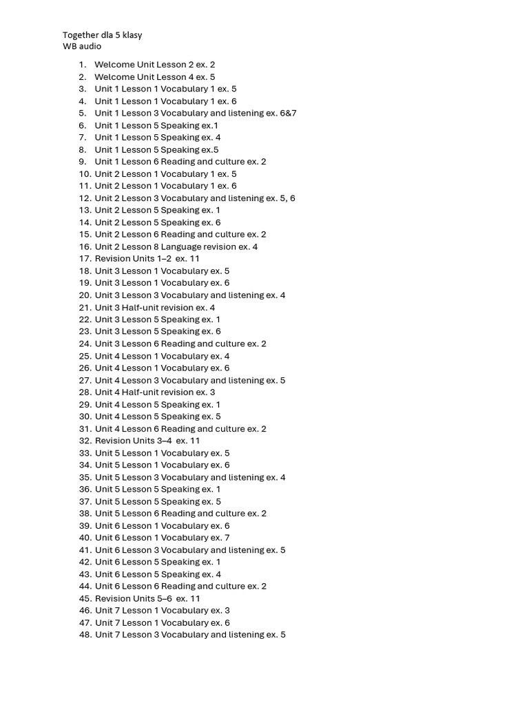 Together dla 5 Klasy: WB Audio Exercises | PDF | Language Acquisition | Grammar