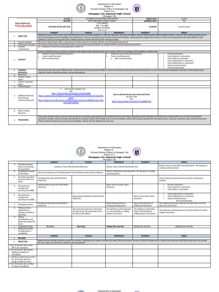 Daily Lesson Log for TLE 7: Word Processing | PDF | Microsoft Word ...