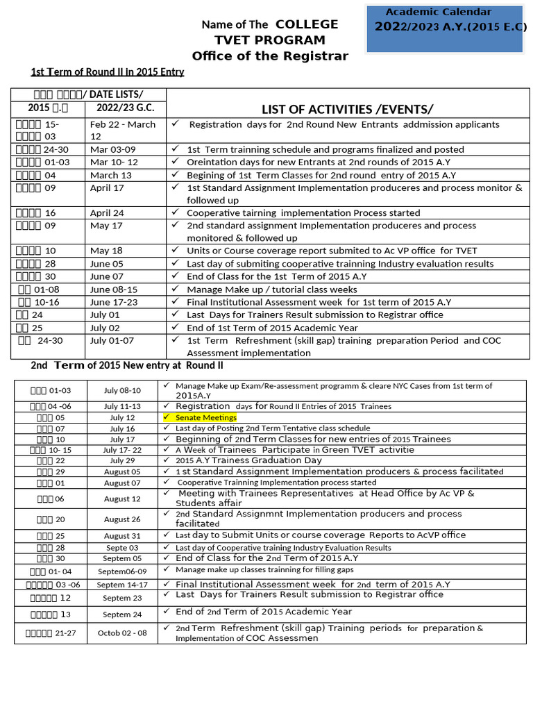2015 A.Y 1stterm Acadamic Calendar For All Batch | PDF | Educational ...