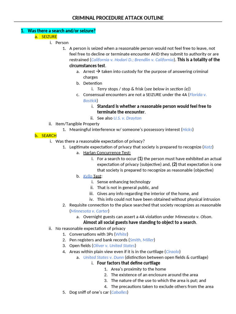 Criminal Procedure Attack Outline | PDF | Search Warrant | Reasonable ...