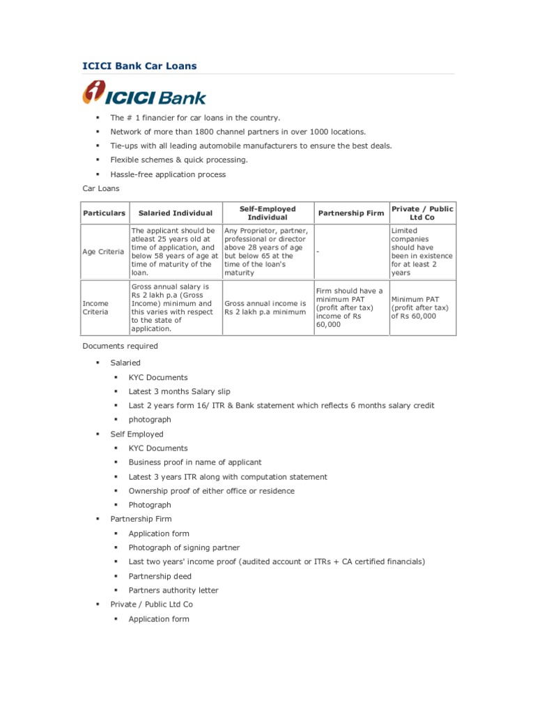 ICICI Bank Car Loans Primary Details | PDF | Overdraft | Cheque