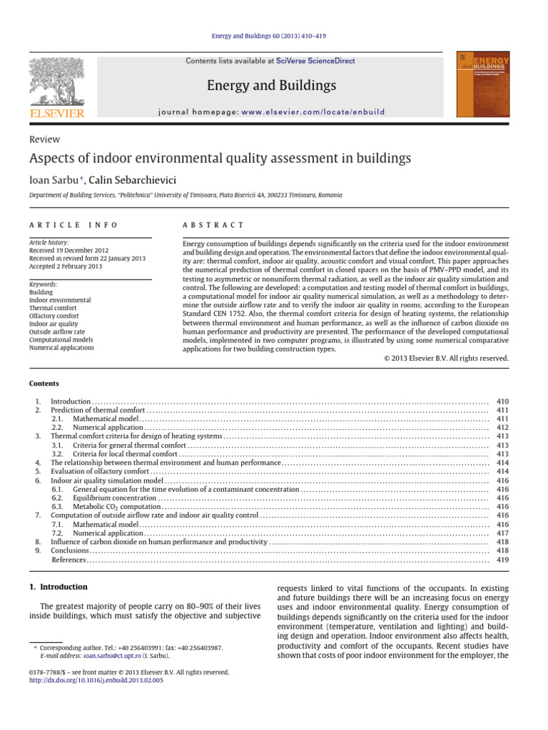Aspects of Indoor Enviromental Quality Assessment in Buildings | PDF ...