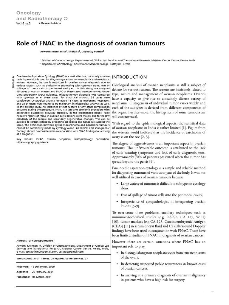 FNAC in Ovarian Tumor Diagnosis | PDF | Cytopathology | Ovarian Cancer