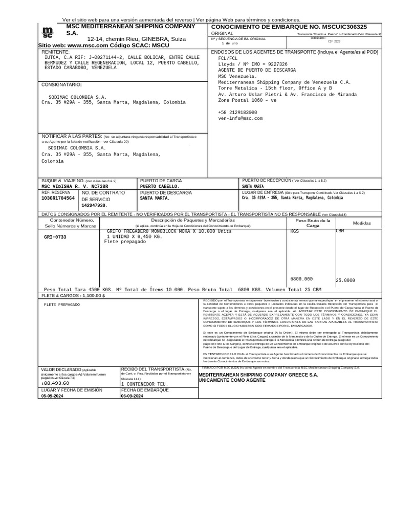 BL MSC | PDF | Guía de carga | Gestión de la cadena de suministro