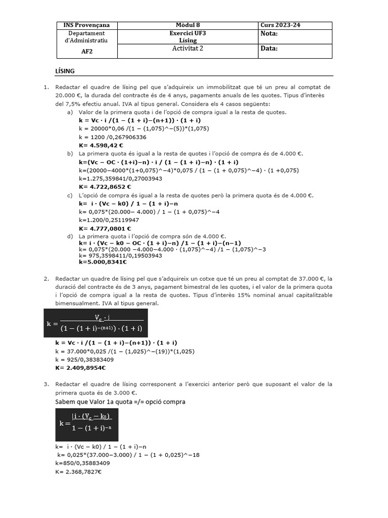Activitat 2 AF2T Lísing - 15-04-2024 | PDF