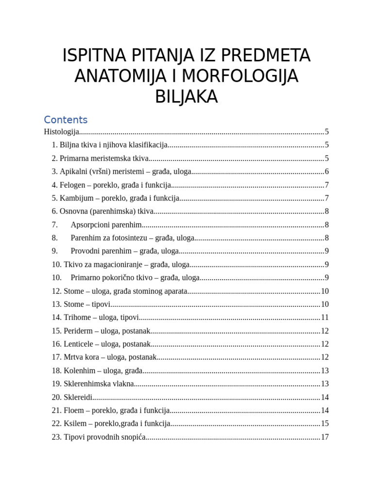 Ispitna Pitanja Iz Predmeta Anatomija I Morfologija Biljaka | PDF