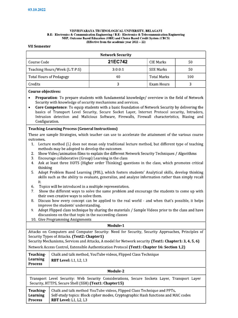 Network Security 7th Sem Syllabus | PDF