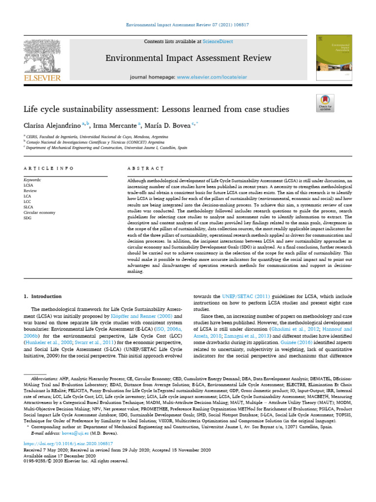 Life Cycle Sustainability Assessment. Lessons Learned From Case Studies | PDF | Life Cycle ...