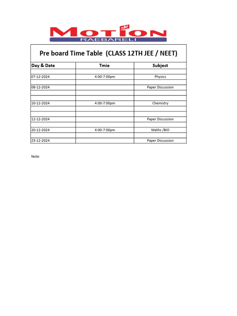 Pre Board Time Table (Class 12th Jee - Neet) | PDF