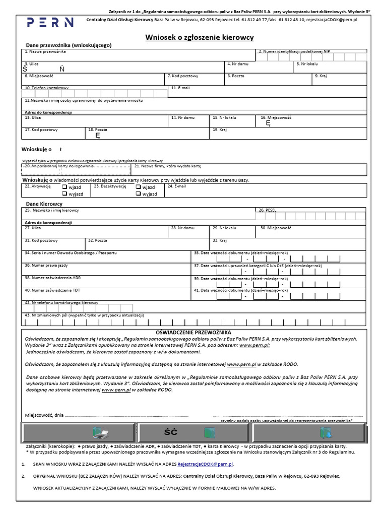 PERN - Wniosek o Zgłoszenie Kierowcy | PDF