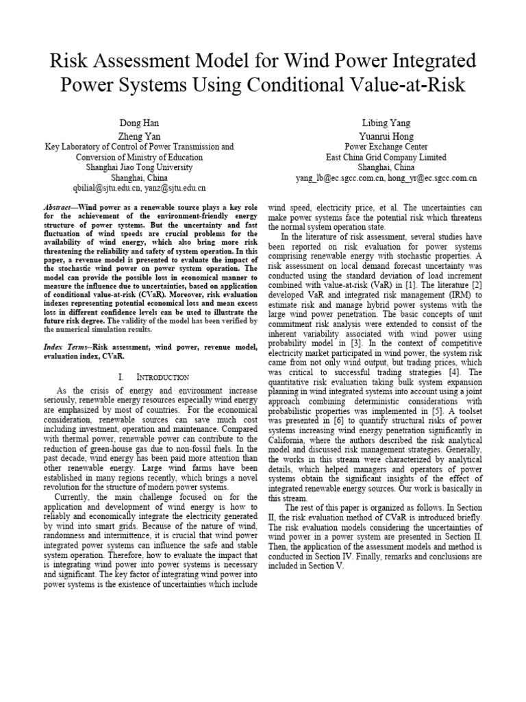 Risk Assessment Model For Wind Power Integrated Power Systems Using Conditional Value at Risk ...
