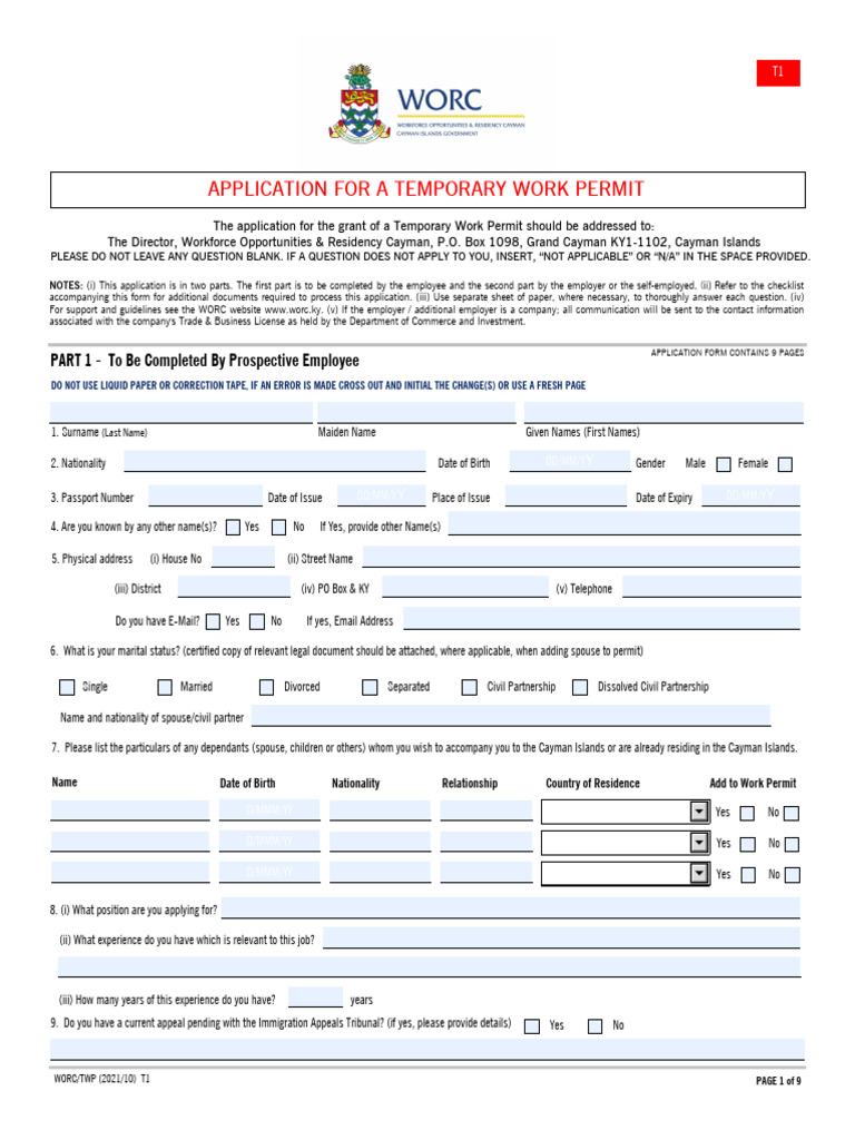 Cayman Islands Temporary Work Permit Application | PDF | Employment ...