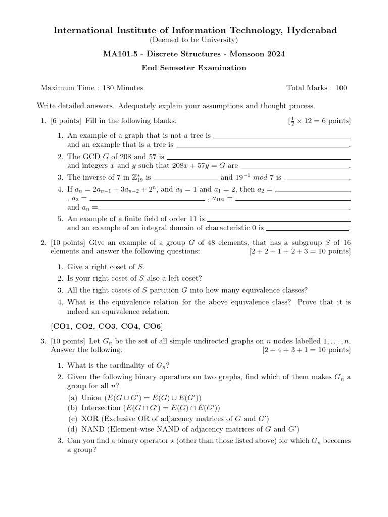 Discrete Structures M24 | PDF | Group (Mathematics) | Ring (Mathematics)