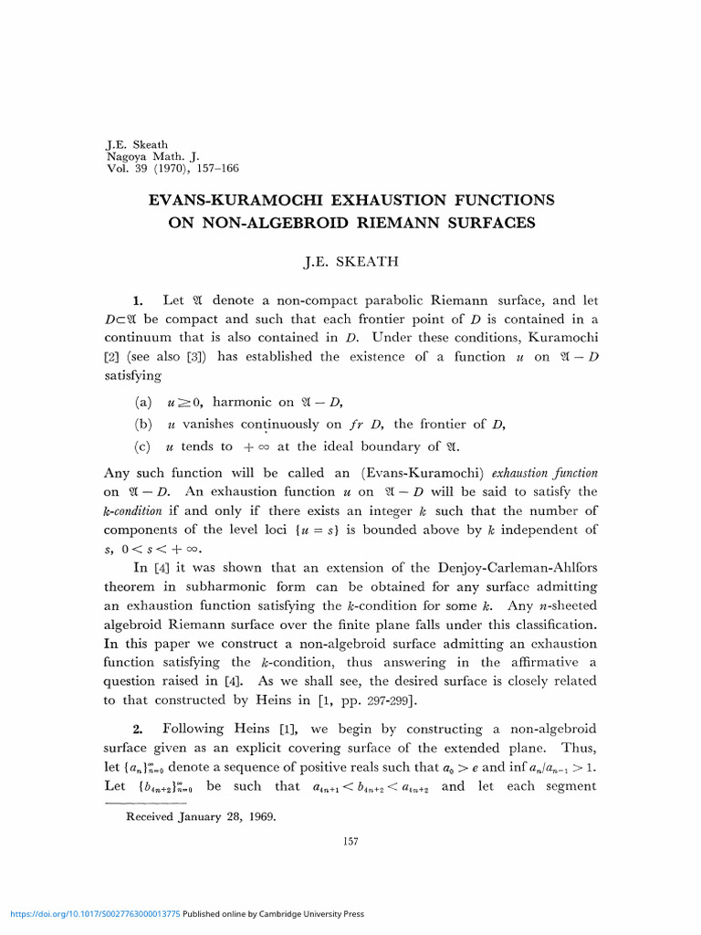 Evans Kuramochi Exhaustion Functions On Non Algebroid Riemann Surfaces ...