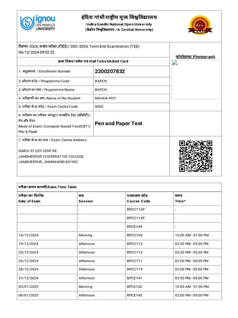 Ignou Dec-2024 - Hall Ticket - Admit Card | PDF