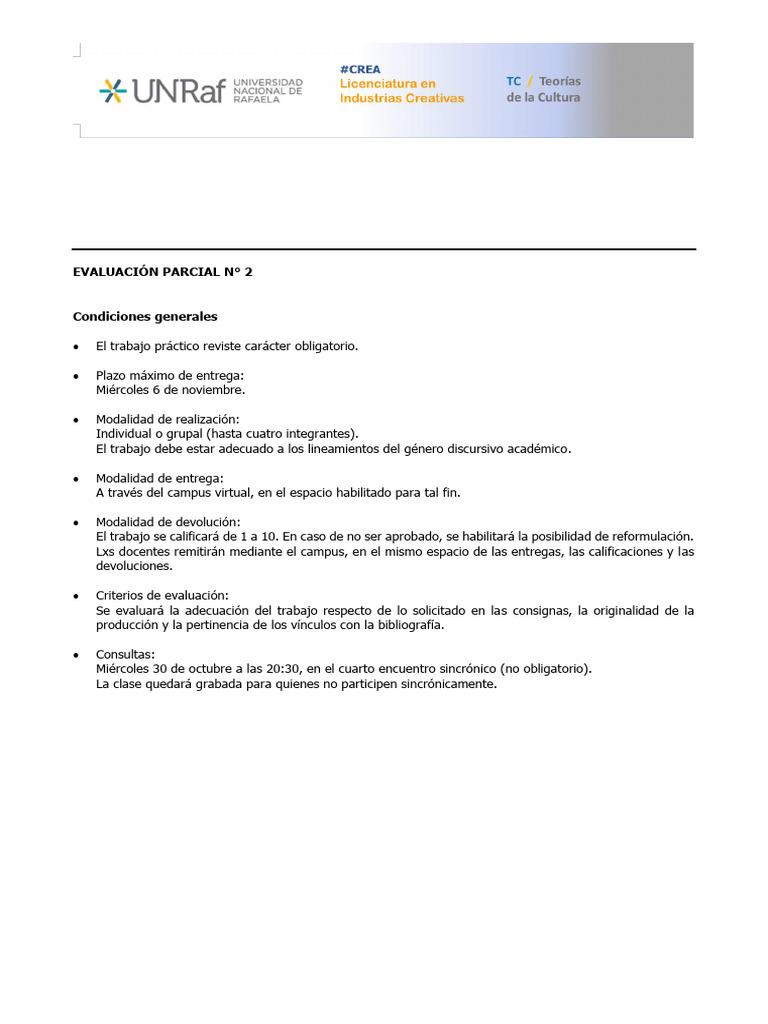 UNRaf-CREA-TC-EVALUACIÓN PARCIAL #2 | PDF