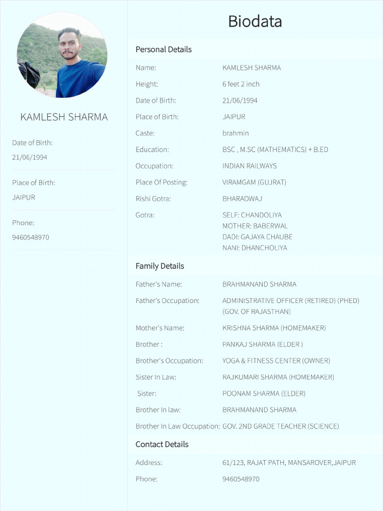 Kamlesh Sharma's Biodata | PDF