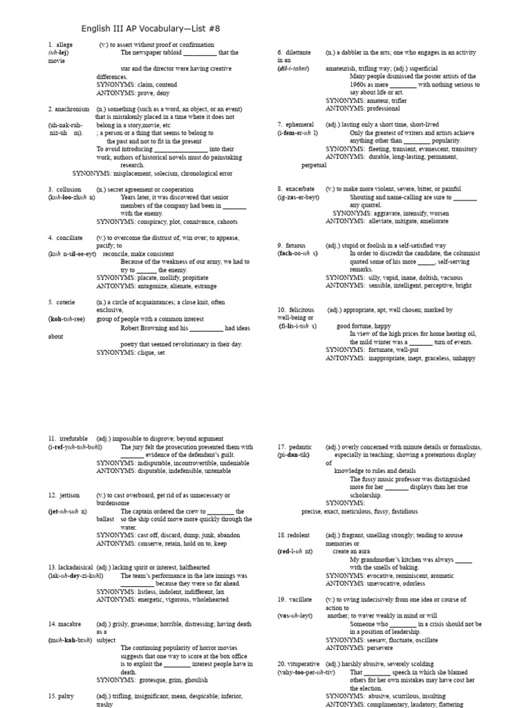 English III AP Vocabulary List #8 | PDF
