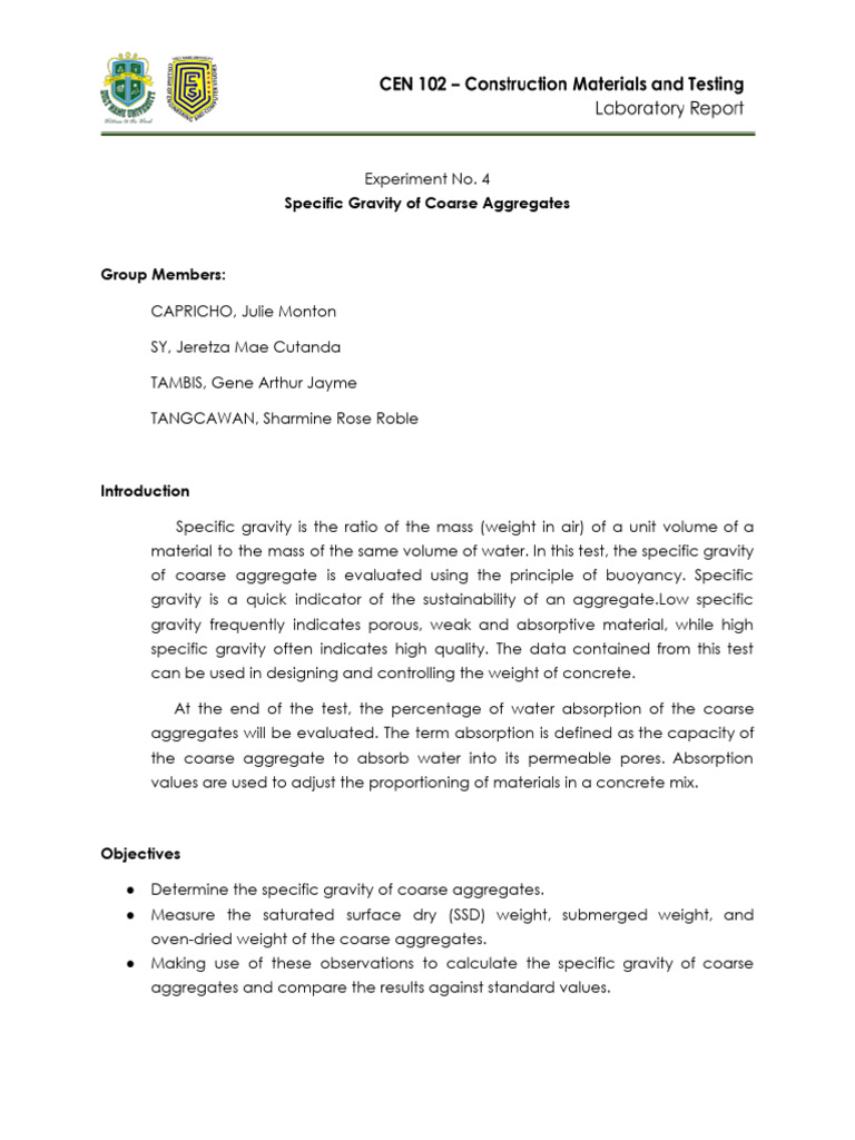 GROUP 1 C CEN 102 Laboratory Report Format | PDF | Concrete | Weight