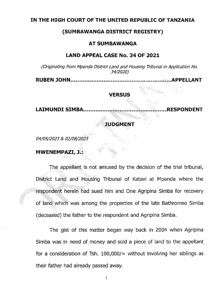 Land Appeal Judgment: Ruben John vs. Laimundi Simba | PDF | Lawsuit ...