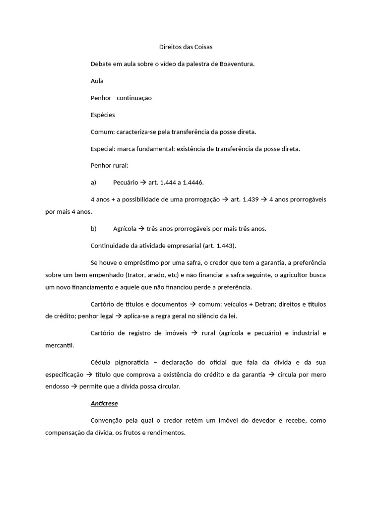 Direitos das Coisas: Penhor e Anticrese | PDF | Crédito | Finanças e ...