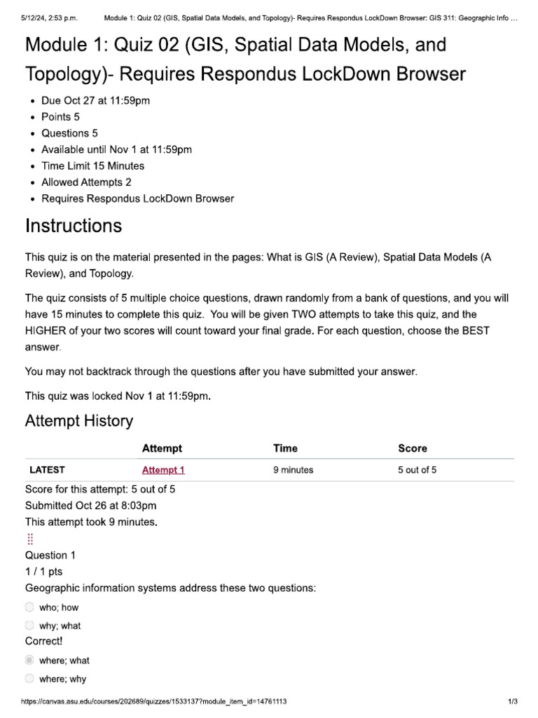 Quiz Module 1 Quiz 1 GIS311 | PDF